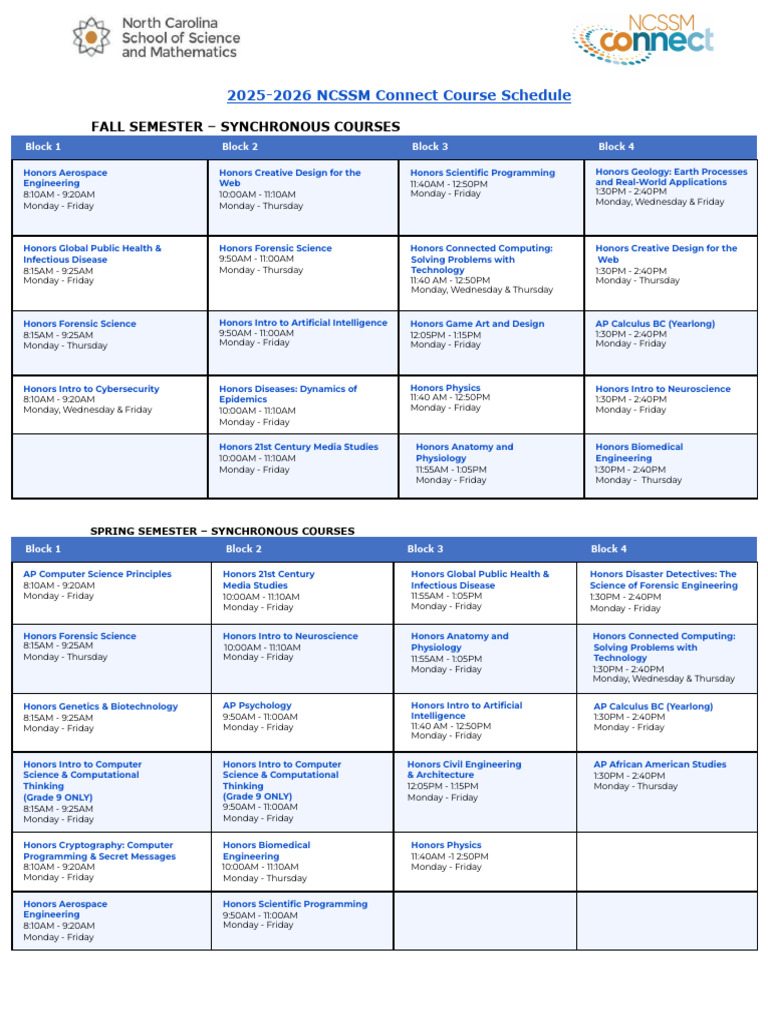 2025-2026 NCSSM Connect Courses (1 - 28 - 2024) | PDF | Engineering | Science