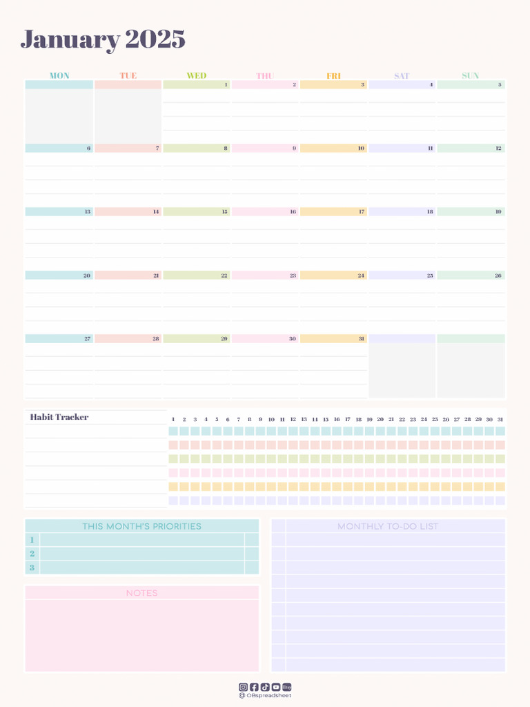 1 January 2025 Monthly Planner OBspreadsheet | PDF