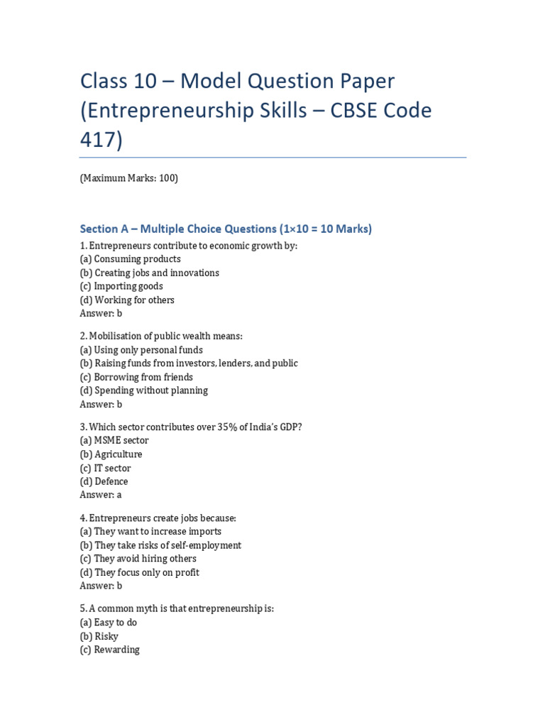 Class 10 Entrepreneurship Model Paper | PDF | Entrepreneurship ...