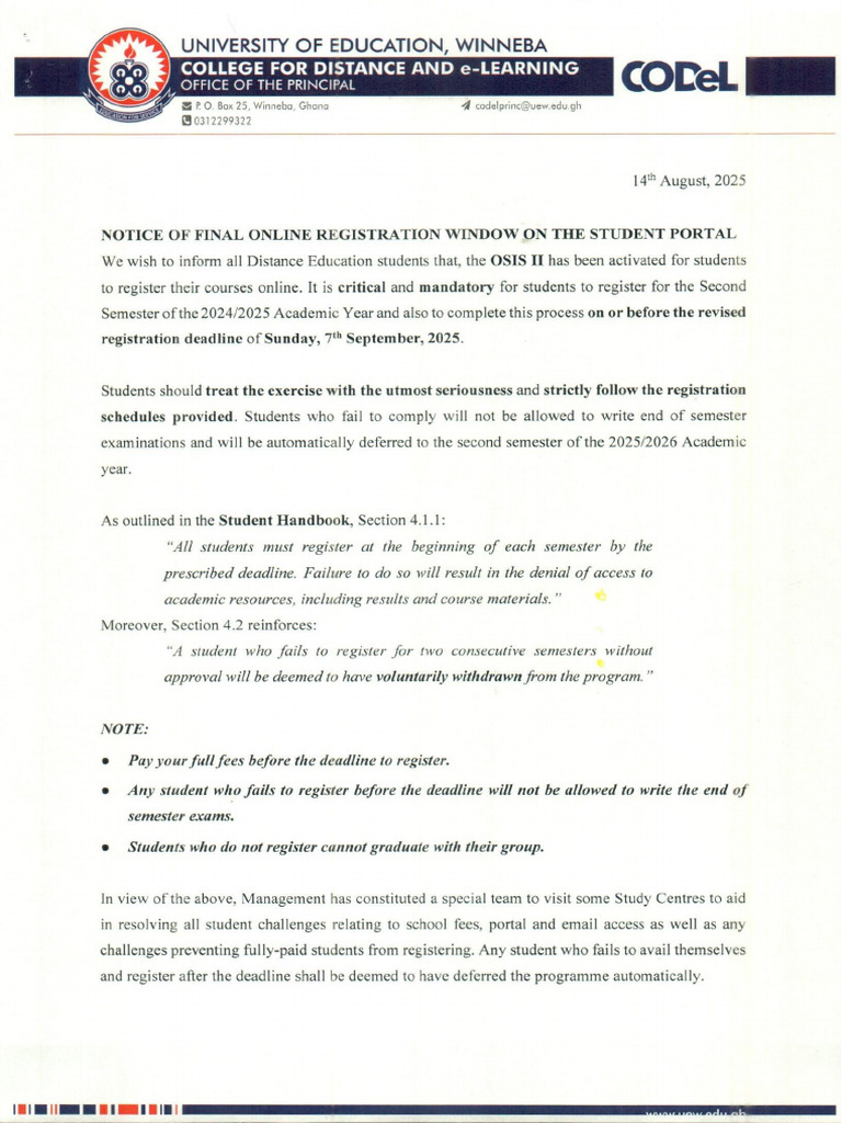 Notice On The Final Online Registration Window On The Student Portal | PDF