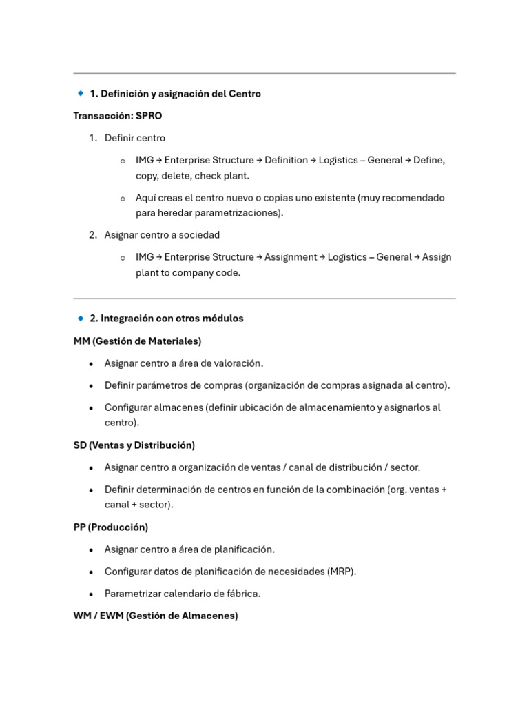 Definición y Asignación de Centro SAP | PDF