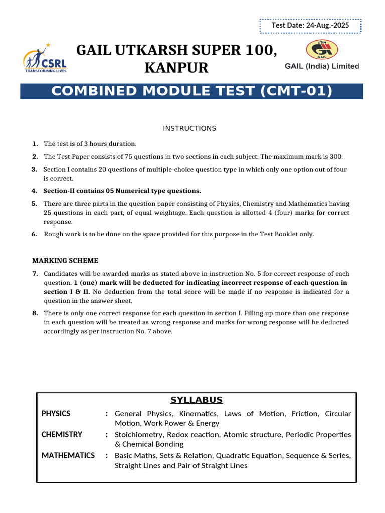 GAIL Utkarsh Super 100 CMT-01 Test Guide | PDF | Force | Chemical Bond