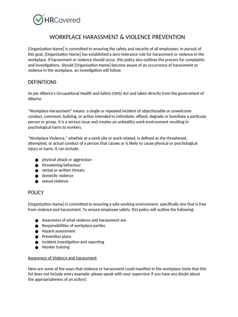 Workplace Harassment Prevention Policy | PDF | Harassment | Violence