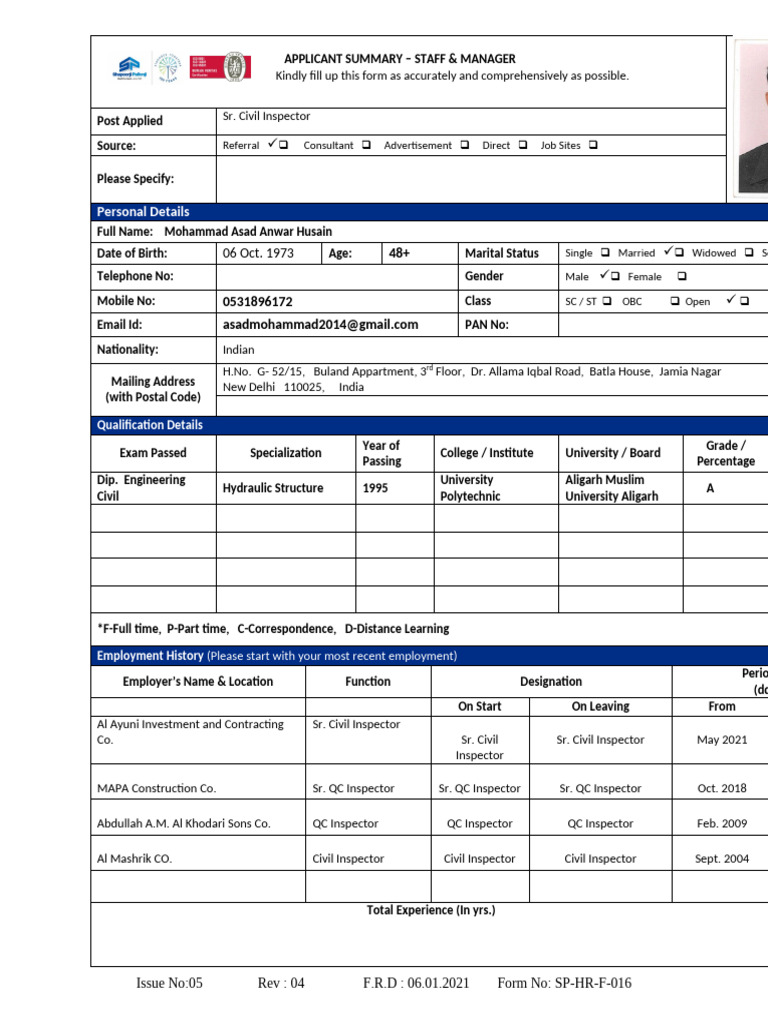 Sp-hr-f-016 - Applicant Summary Form - Staff & Mgrs. | PDF