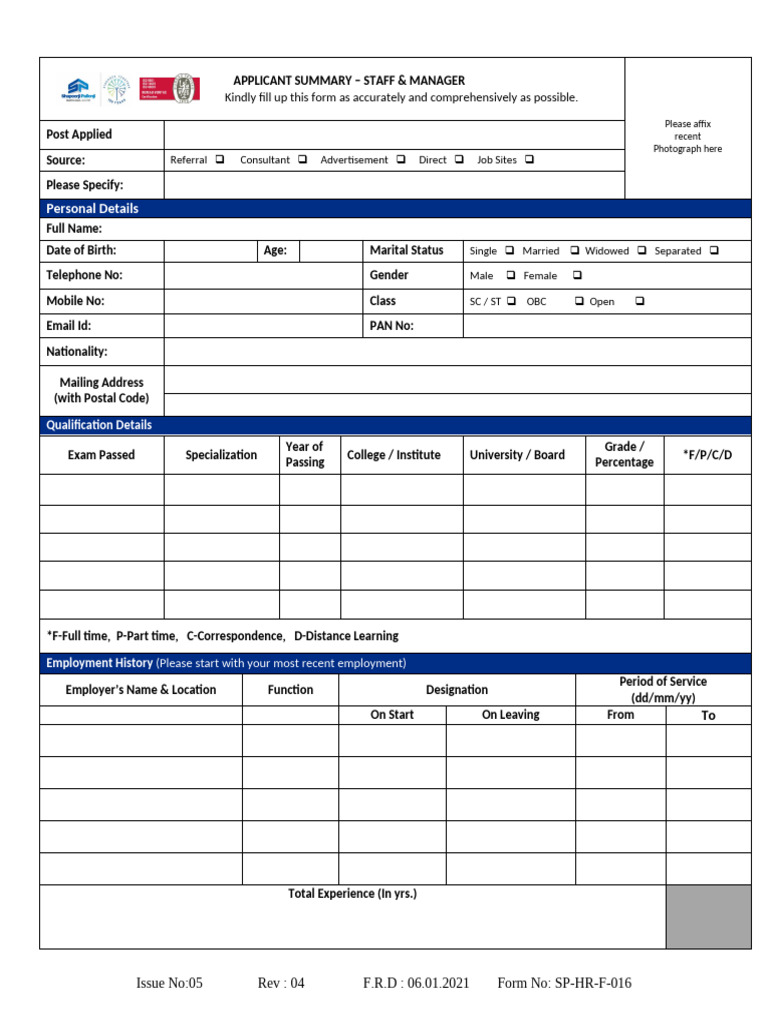Sp-hr-f-016 - Applicant Summary Form - Staff & Mgrs. | PDF