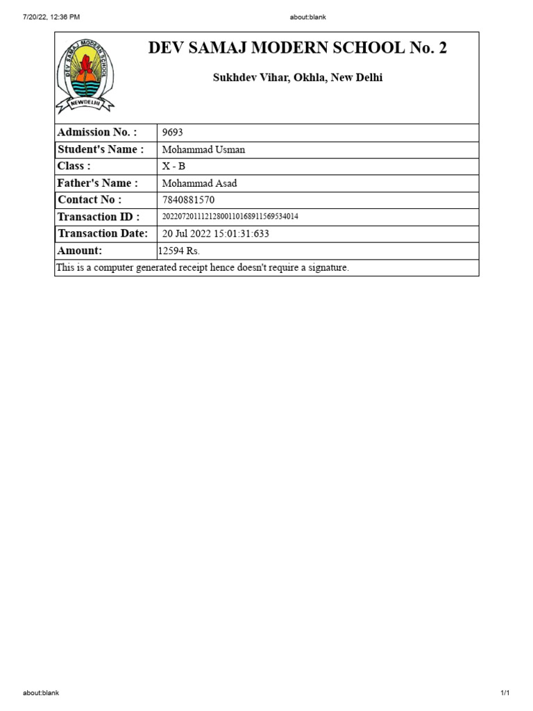 Admission Receipt for Mohammad Usman | PDF