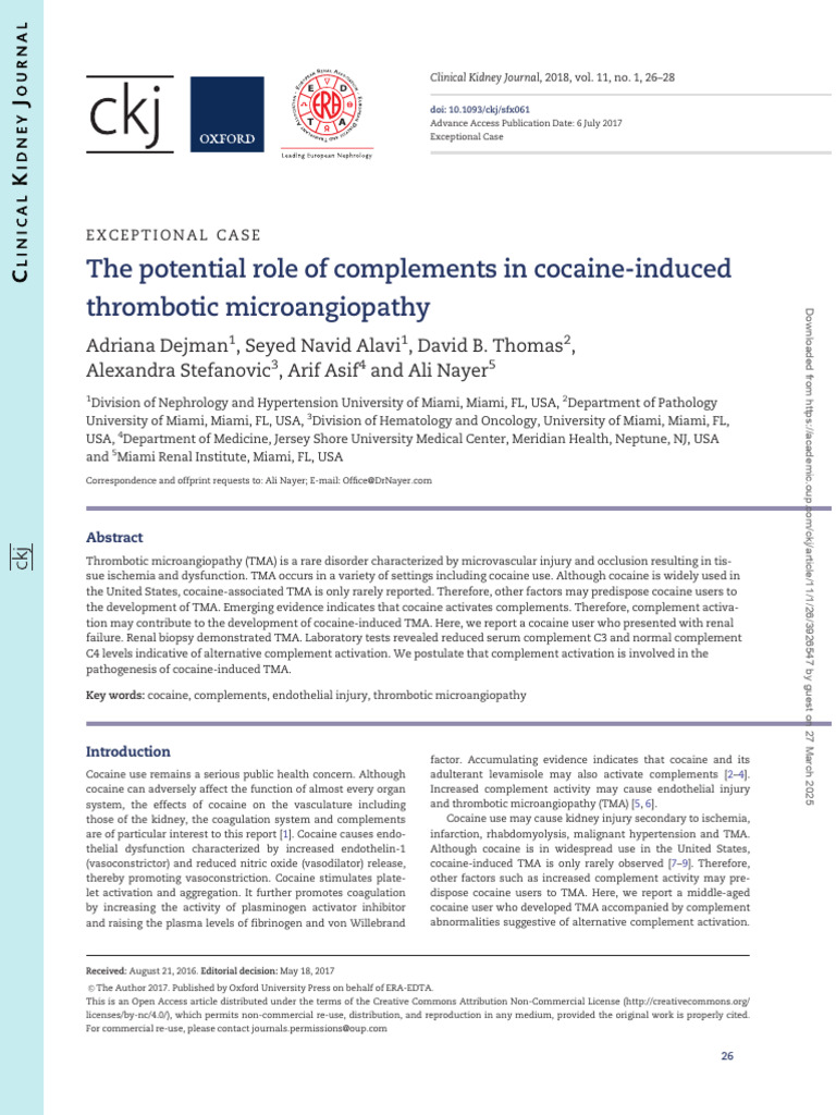 Cocaine Induced TMA and Complements | PDF | Diseases And Disorders | Clinical Medicine