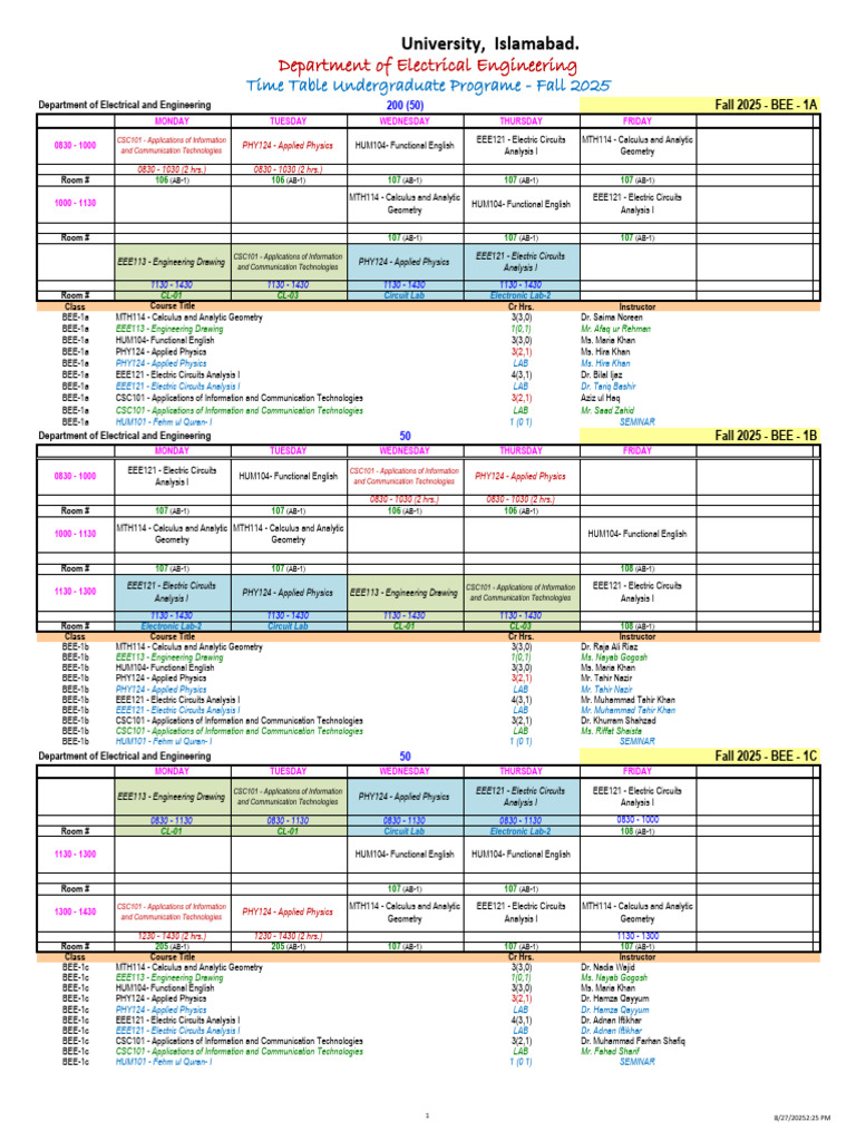 6 - Electrical Engineering - Time Table - Fall 2025 - (BEE &EEE) | PDF | Mathematics | Engineering