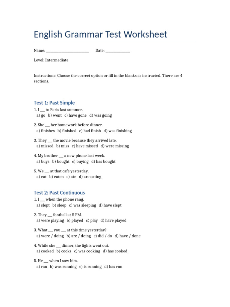 English Grammar Test Worksheet Corrected | PDF