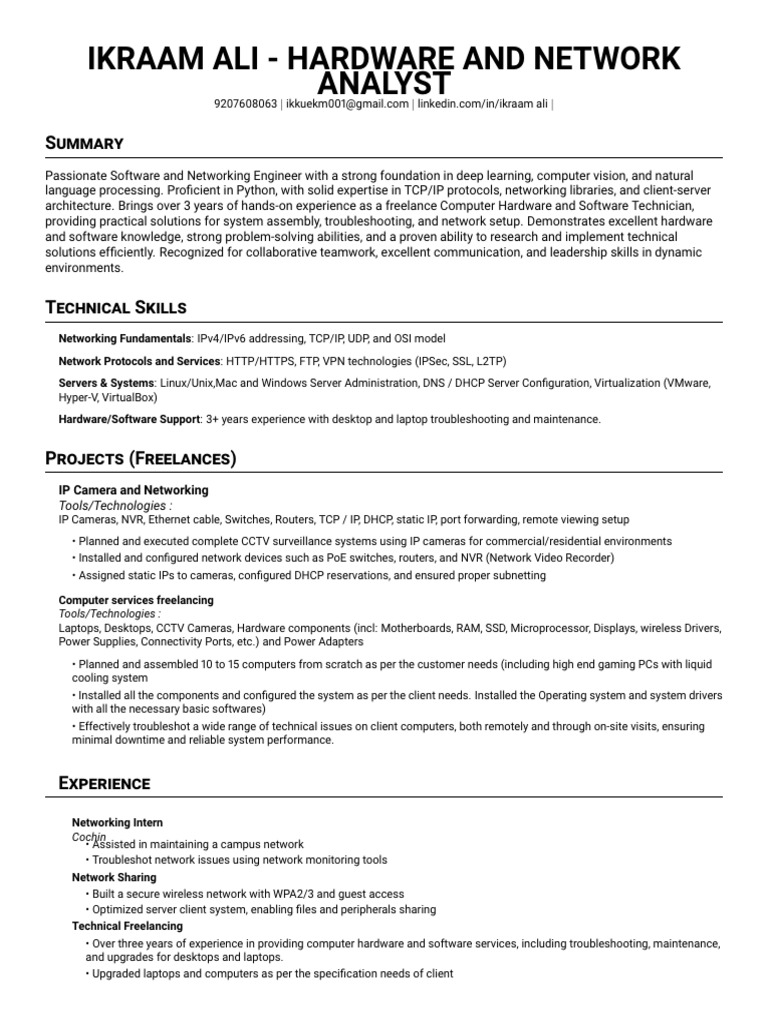 Ikram Ali Resume - Hardware and Network | PDF | Computer Network | Ip Address