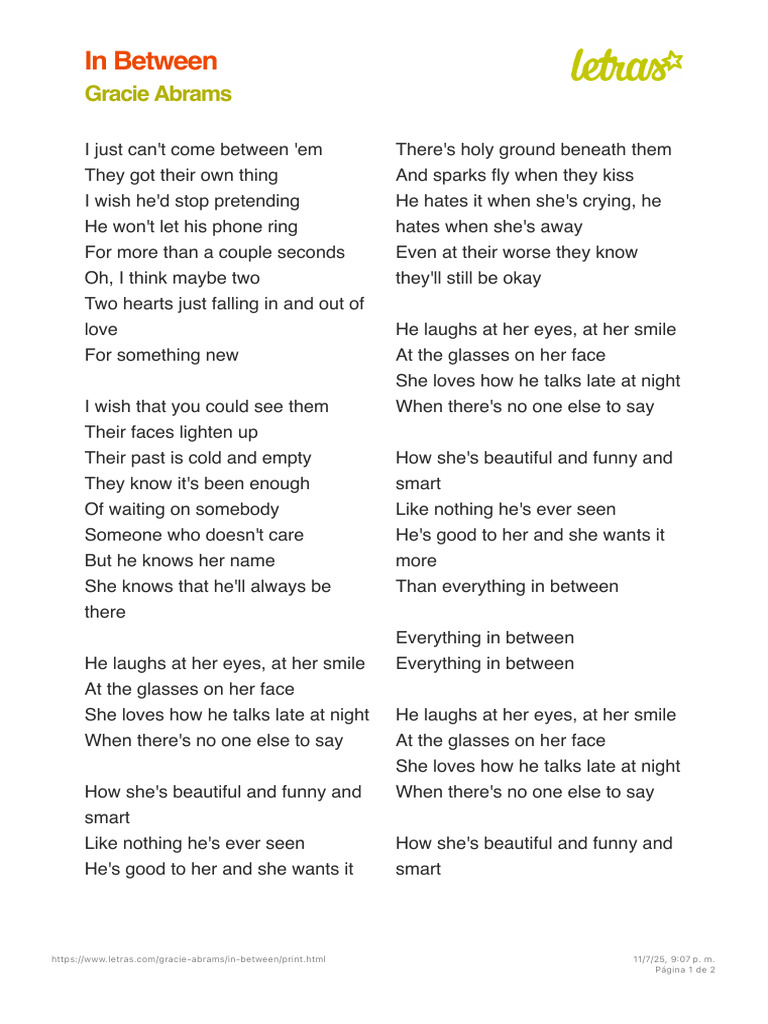 Gracie Abrams' "In Between" Lyrics Analysis | PDF