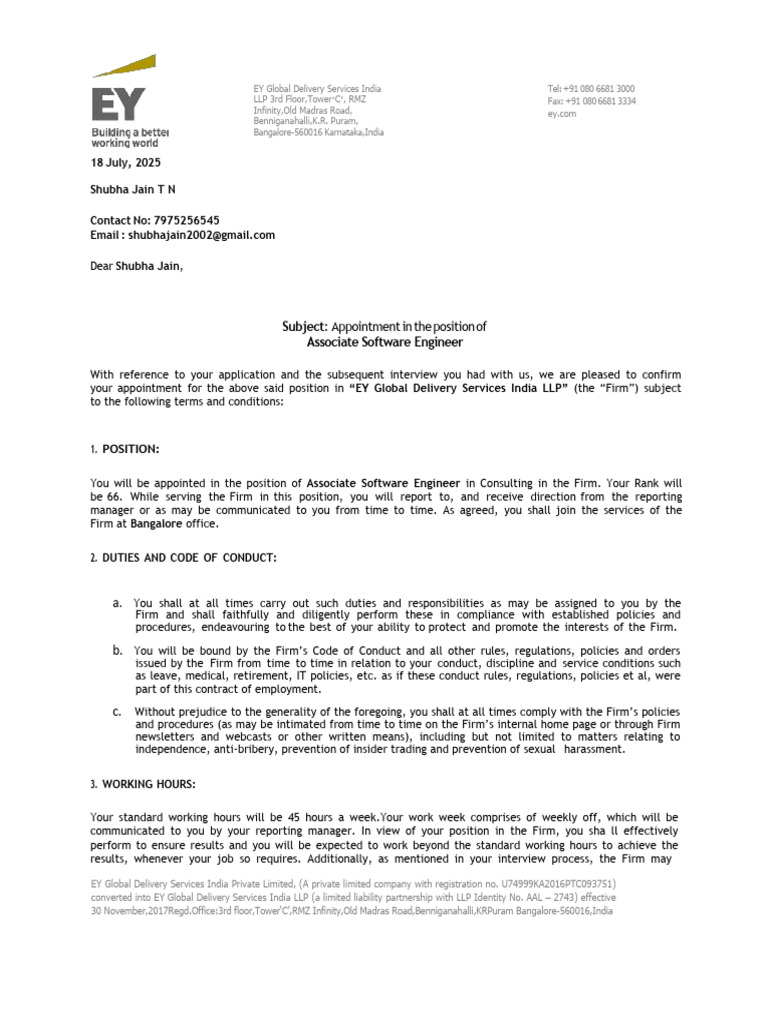EY Offer Letter Shubha Jain T N | PDF | Employee Benefits | Insurance