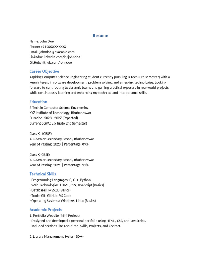 B.Tech CSE Fresher Resume Template | PDF