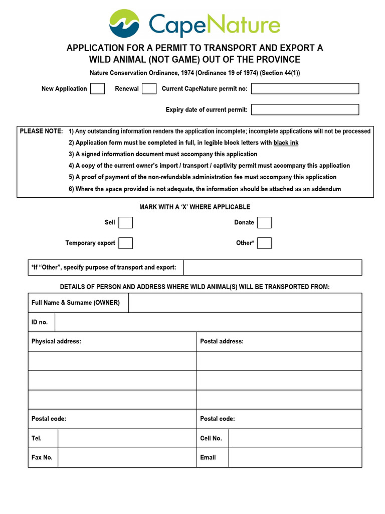Application Transport and Export Wild Animal Not Game Permit 07112016 | PDF