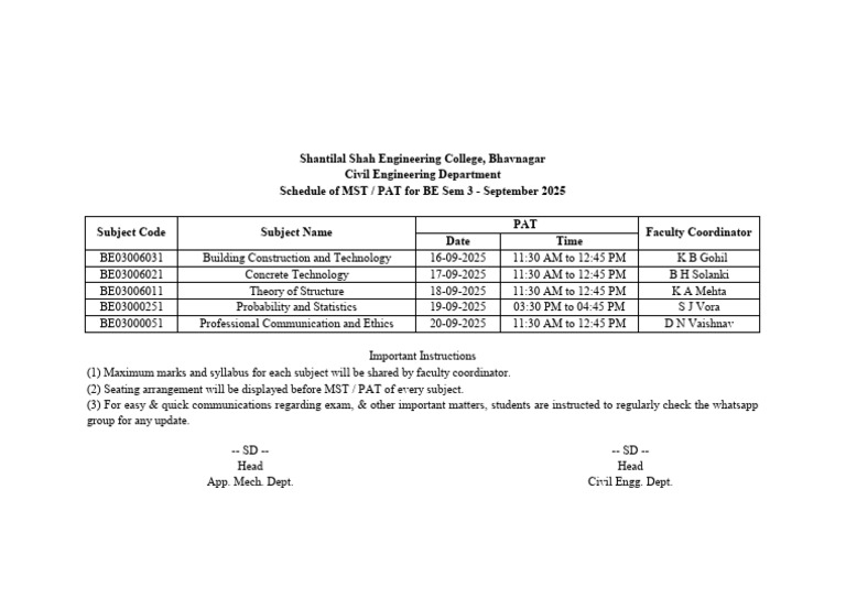 Pat Timetable Sem 3 Sept 25 | PDF