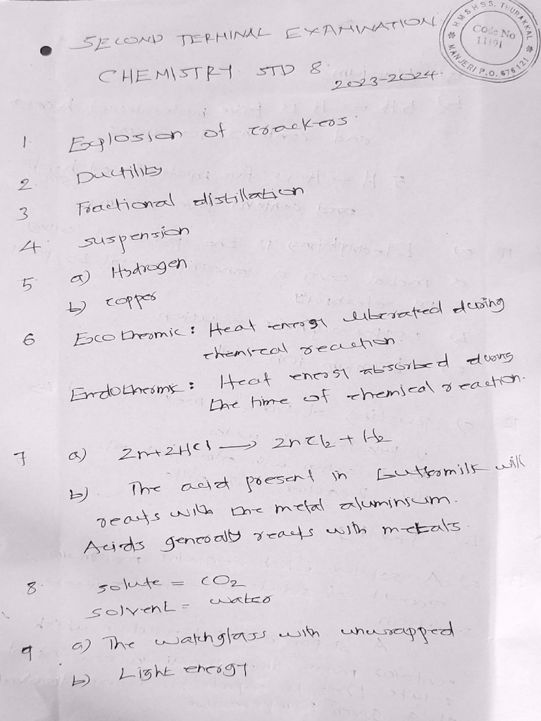 Kerala Class 8 Second Term Exam 2023 - Chemistry Answer Key by Jayesh Madasseri Sir | PDF
