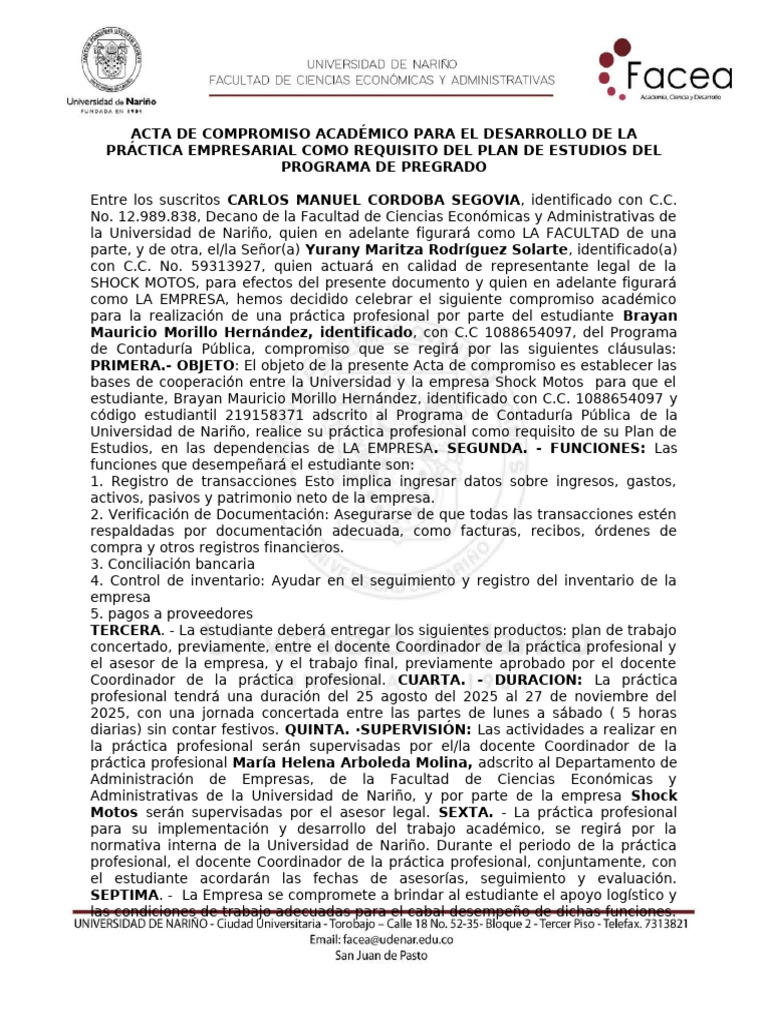 PRÁCTICA - ACTA DE COMPROMISO BRAYAN MORILLO (1) Corregida | PDF | Contabilidad | Business