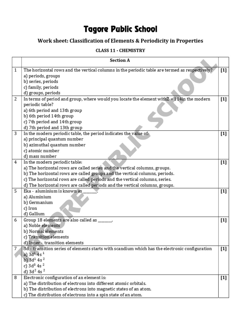 Classification of Elements Worksheet | PDF | Periodic Table | Electron ...