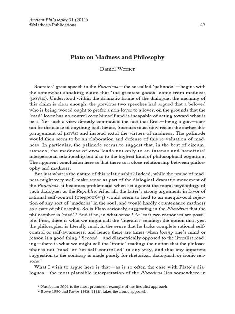 Plato On Madness and Philosophy 2011 | PDF | Plato | Socrates