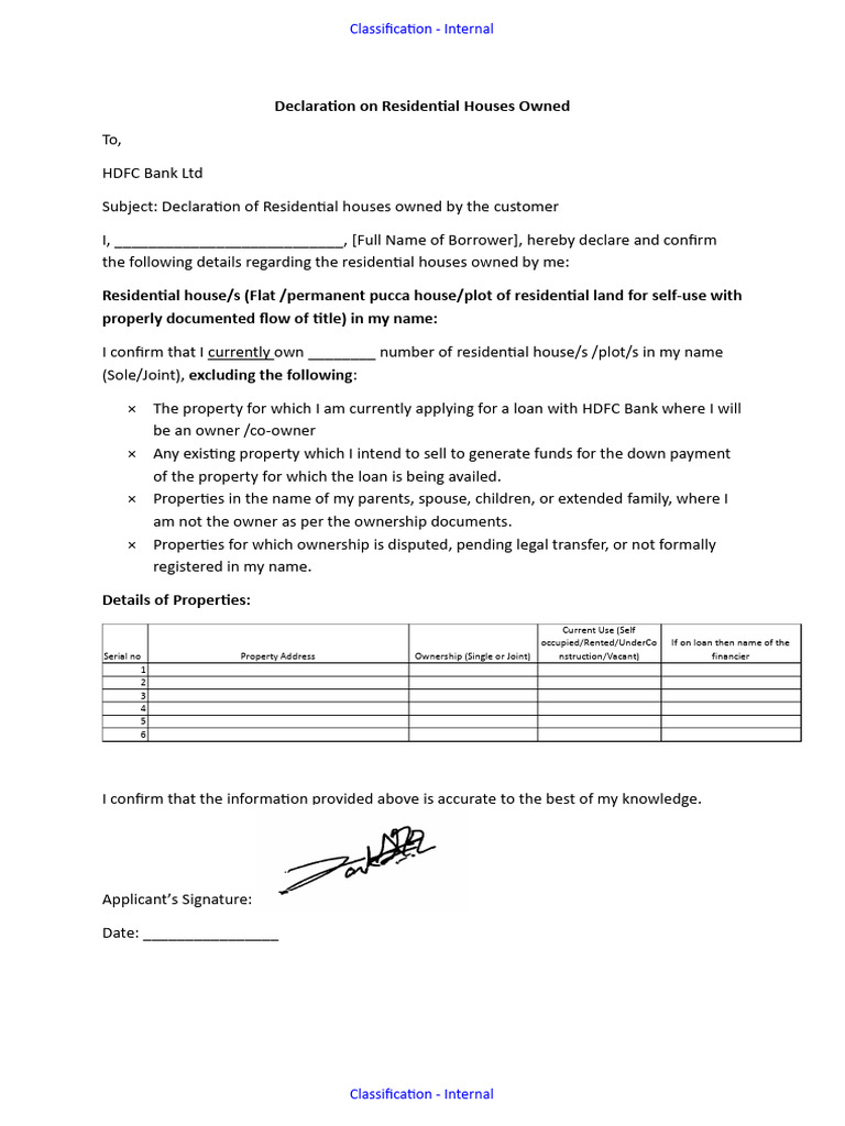HDFC Residential House Declaration Form | PDF