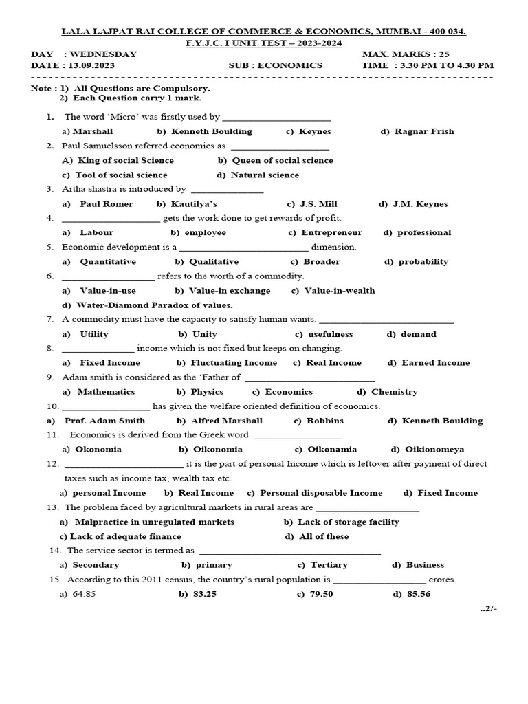 F.Y.J.C. Economics Unit Test 2023-24 | PDF | Economics | Economies
