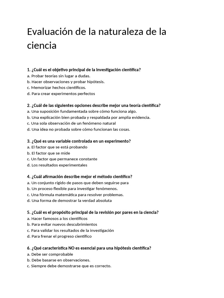 Nature of Science Test (1) Spanish | PDF | Método científico | Teoría