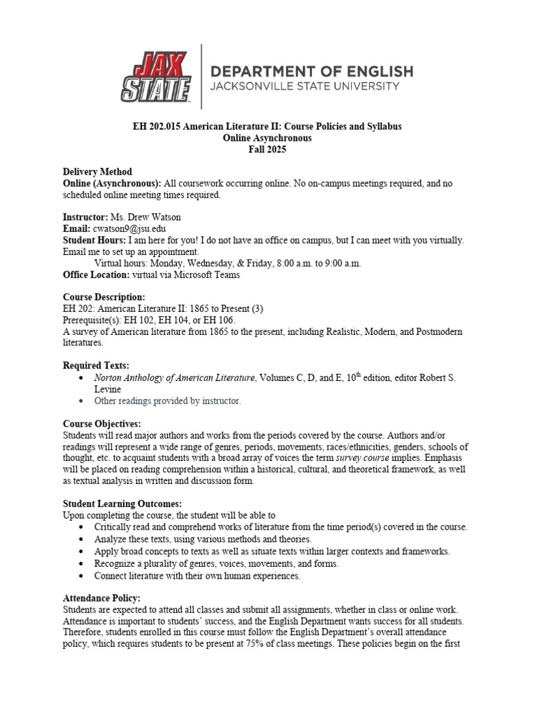 American Literature II Syllabus Fall 2025 | PDF | Academic Integrity ...