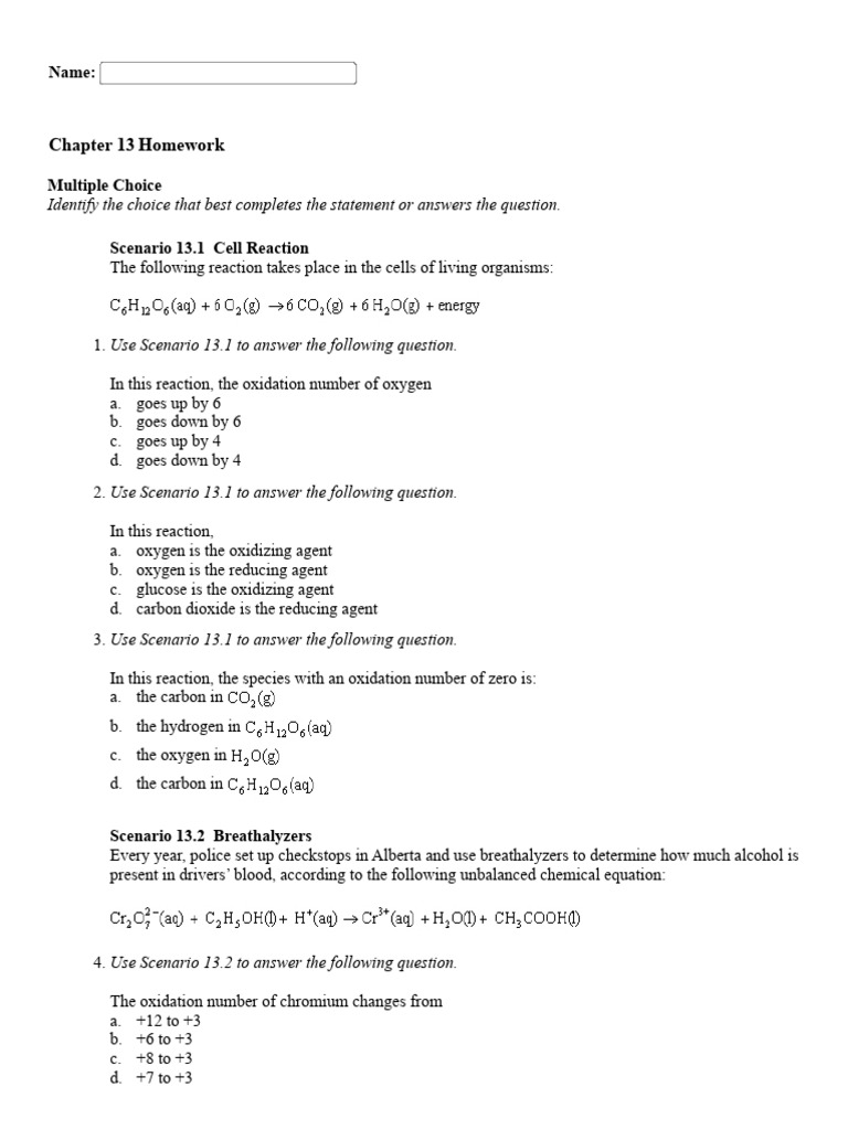 Redox Reactions Homework Questions | PDF | Redox | Physical Chemistry