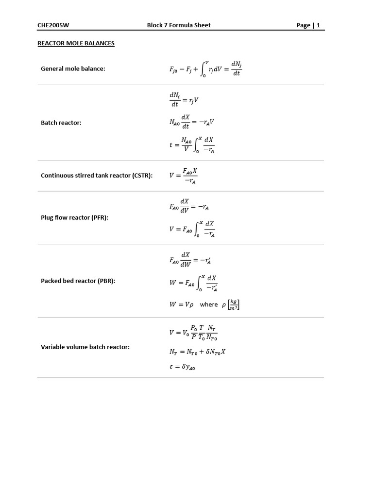 Reactor Design Formula Sheet | PDF | Chemical Reactor | Thermodynamics