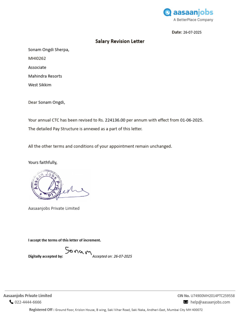 Salary Revision Letter for Sonam Ongdi | PDF