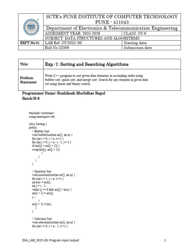 Sorting and Searching Algorithms Lab | PDF | Algorithms And Data ...