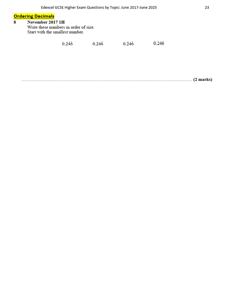 Ordering Decimals Practice Questions | PDF