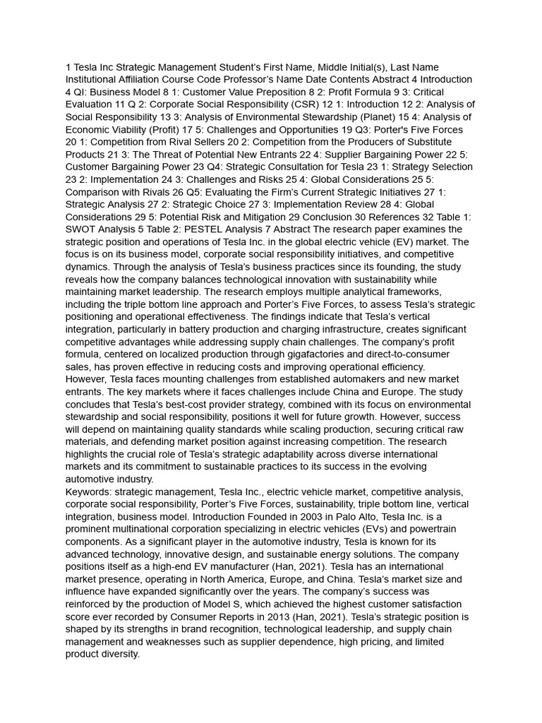 Tesla Inc. Strategic Management Analysis | PDF | Corporate Social ...