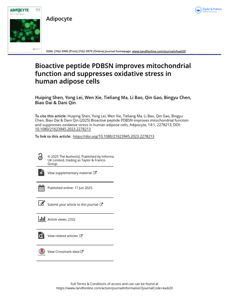 Bioactive Peptide PDBSN Improves Mitochondrial Function and Suppresses ...