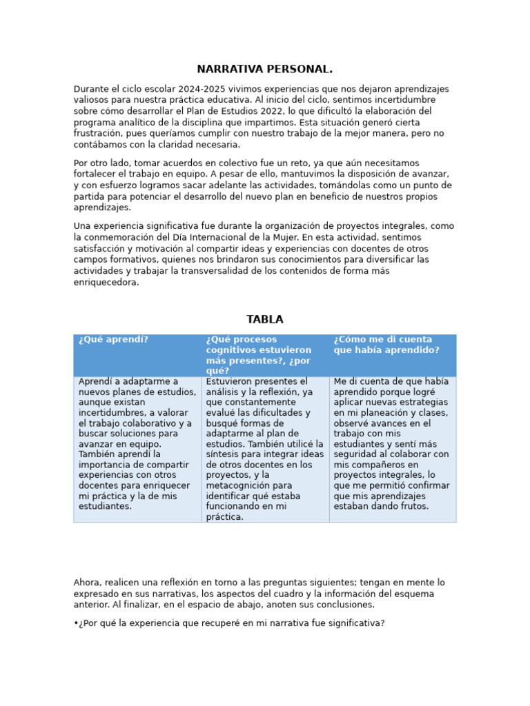Narrativa Personal | PDF | Enseñando | Plan de estudios