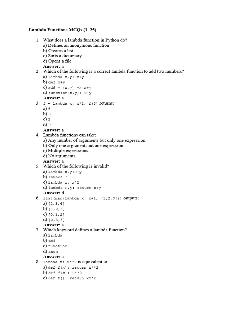 Lambda Functions Map Filter Reduce MCQs | PDF | Anonymous Function | Parameter (Computer ...