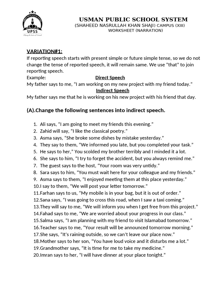 Class 10 Indirect Speech Worksheet | PDF