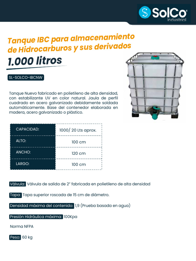 Tanque Ibc 1000 Litros Hidrocarburos - Sin Equipamiento | PDF