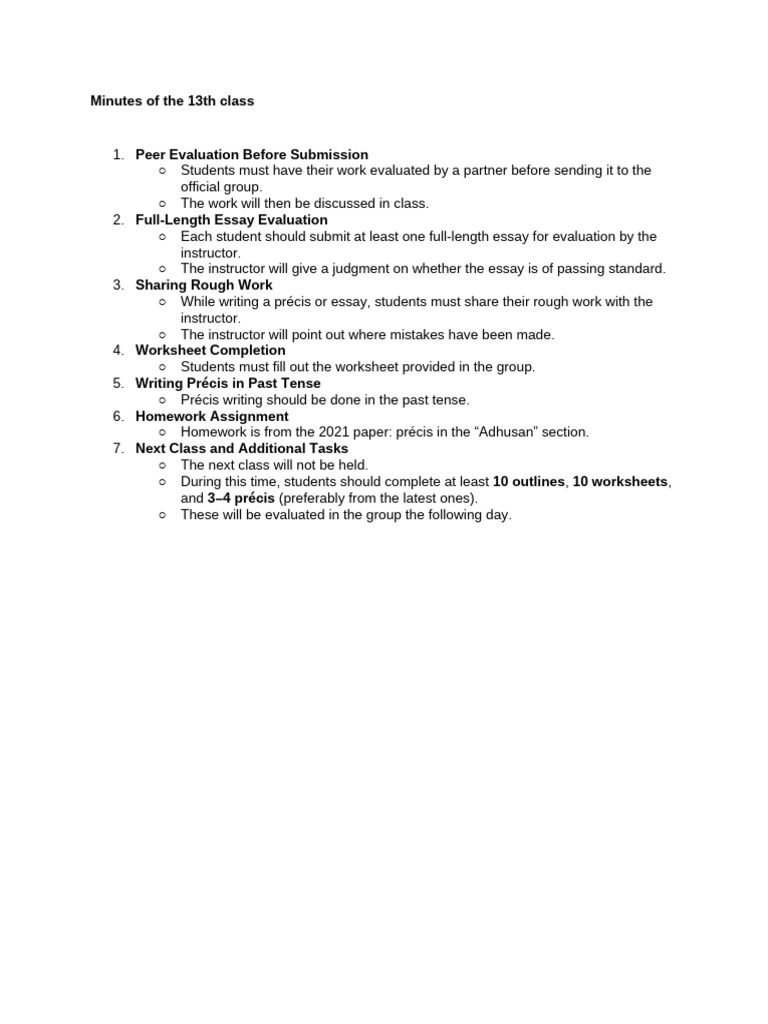 Class 13 Minutes: Peer and Essay Evaluation | PDF