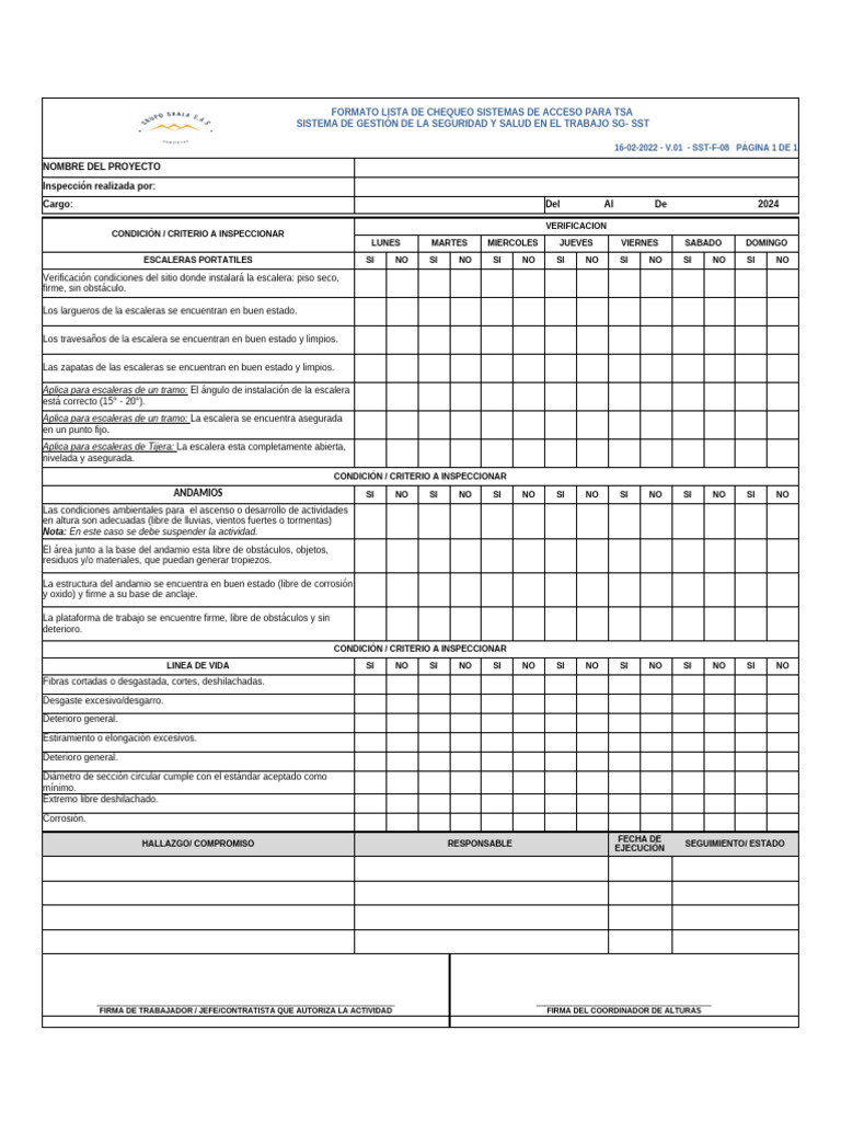 SST-F-08 Formato Lista de Chequeo Sistemas de Acceso para Tsa V3 | PDF ...