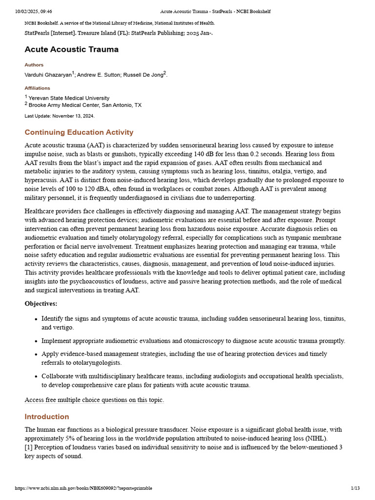 Acute Acoustic Trauma - StatPearls - NCBI Bookshelf | PDF | Hearing ...