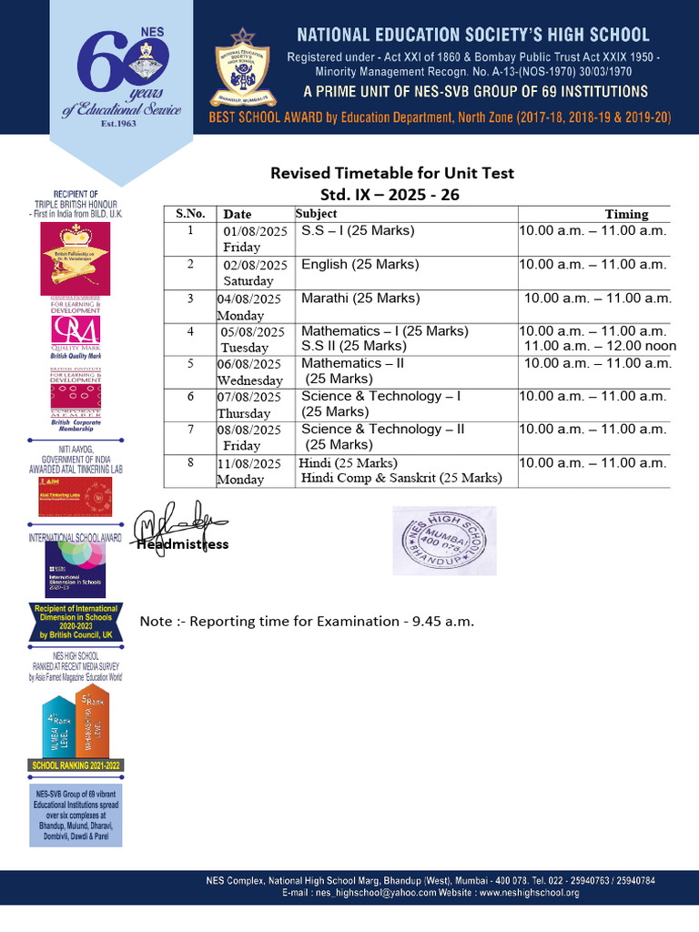 Std IX Unit Test Timetable 2025-26 | PDF