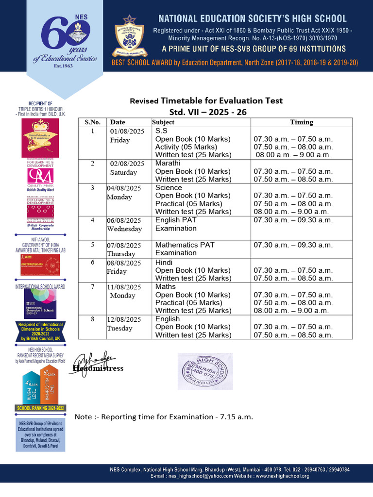 Revised Timetable For Evaluation Test - STD VII | PDF