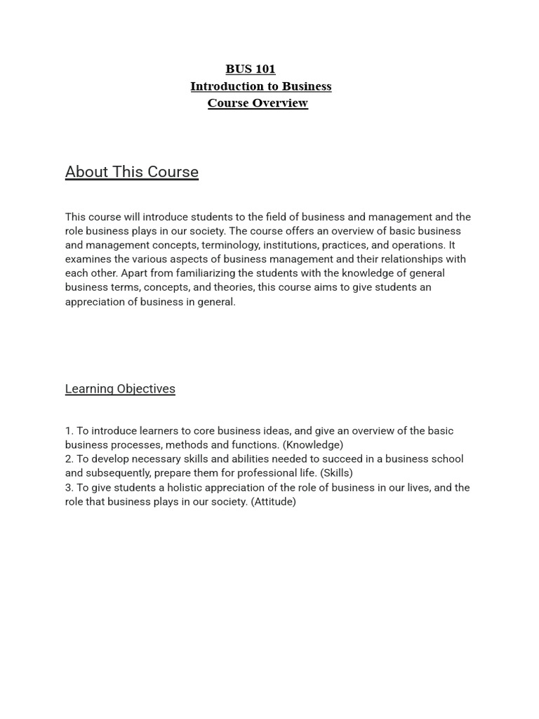 BUS 101: Intro to Business Overview | PDF