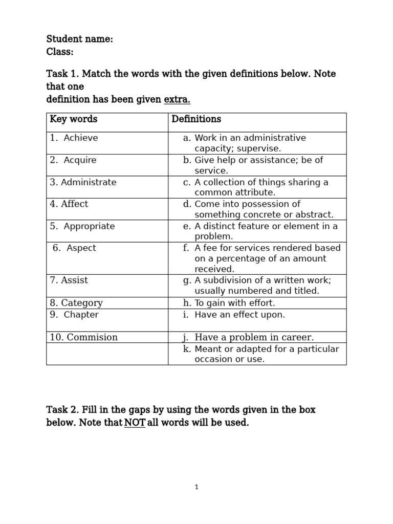 Vocabulary Matching and Fill-in Tasks | PDF | Word | Linguistics