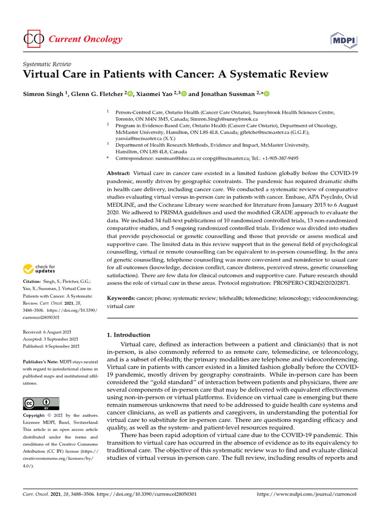 Virtual Care in Patients With Cancer A Systematic Review | PDF ...