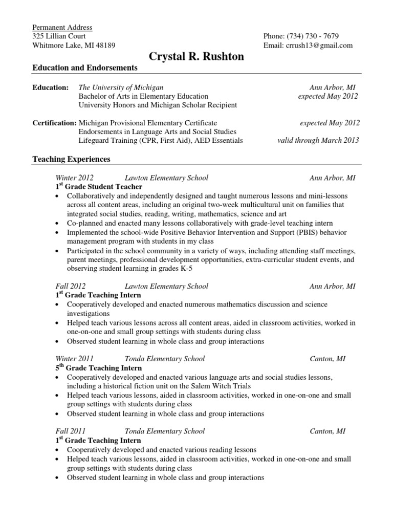 Crystal Rushton's Teaching Experience Resume | PDF