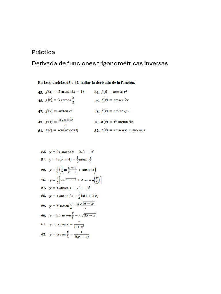 práctica de derivada e integrales de funciones trigonométricas inversas | PDF