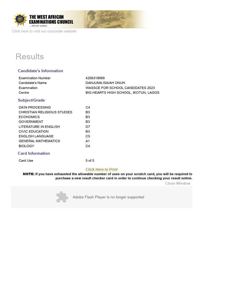 Danjuma Waecdirect Online - Results | PDF