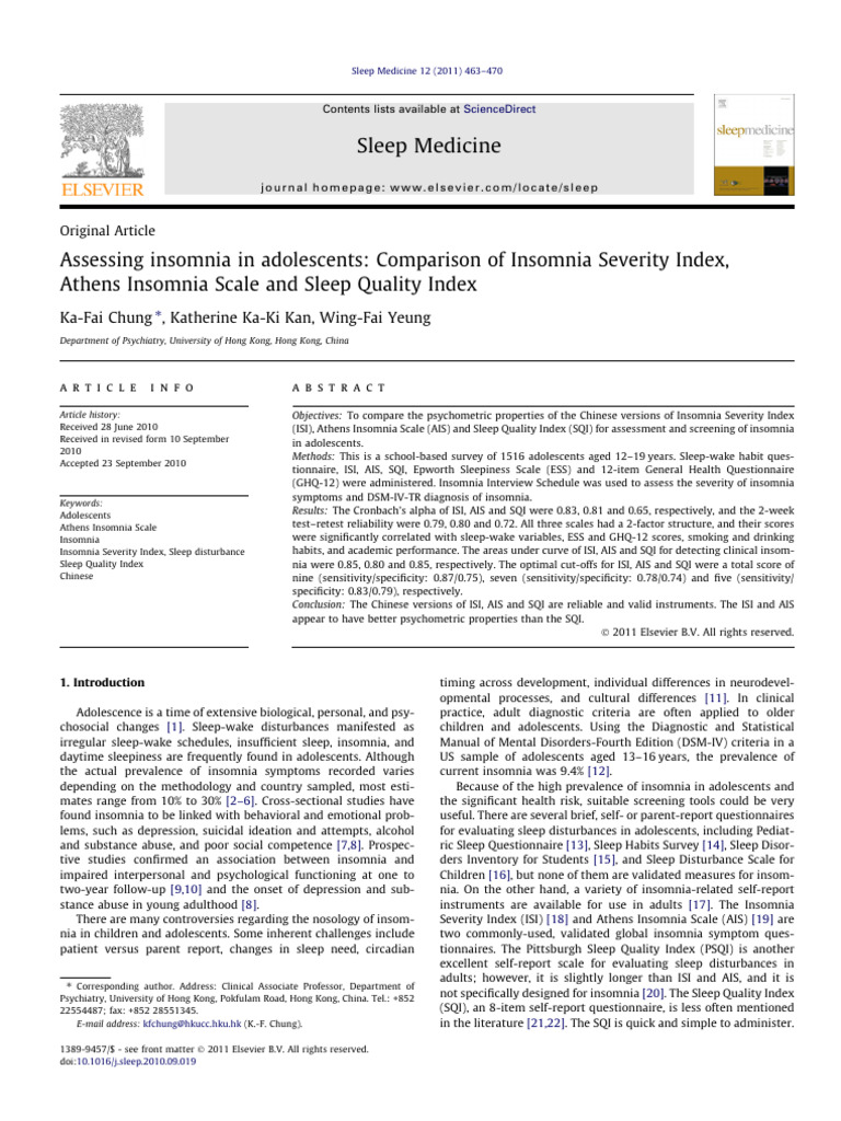 Assessing Insomnia in Adolescents - Comparison of Insomnia Severity ...